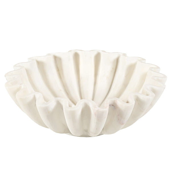 Hand Carved 12 in. Round White Marble Fluted Bowl - Far Pavilions
