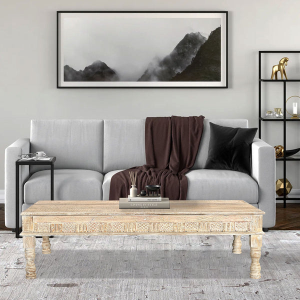 Farmhouse Style 71 in. Long Solid Wood Coffee Table In Distressed Whit ...