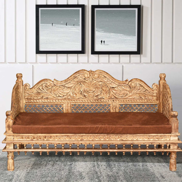 Ornate Hand Carved Wooden Indian Bench Sofa With Seat Cushion - Far ...